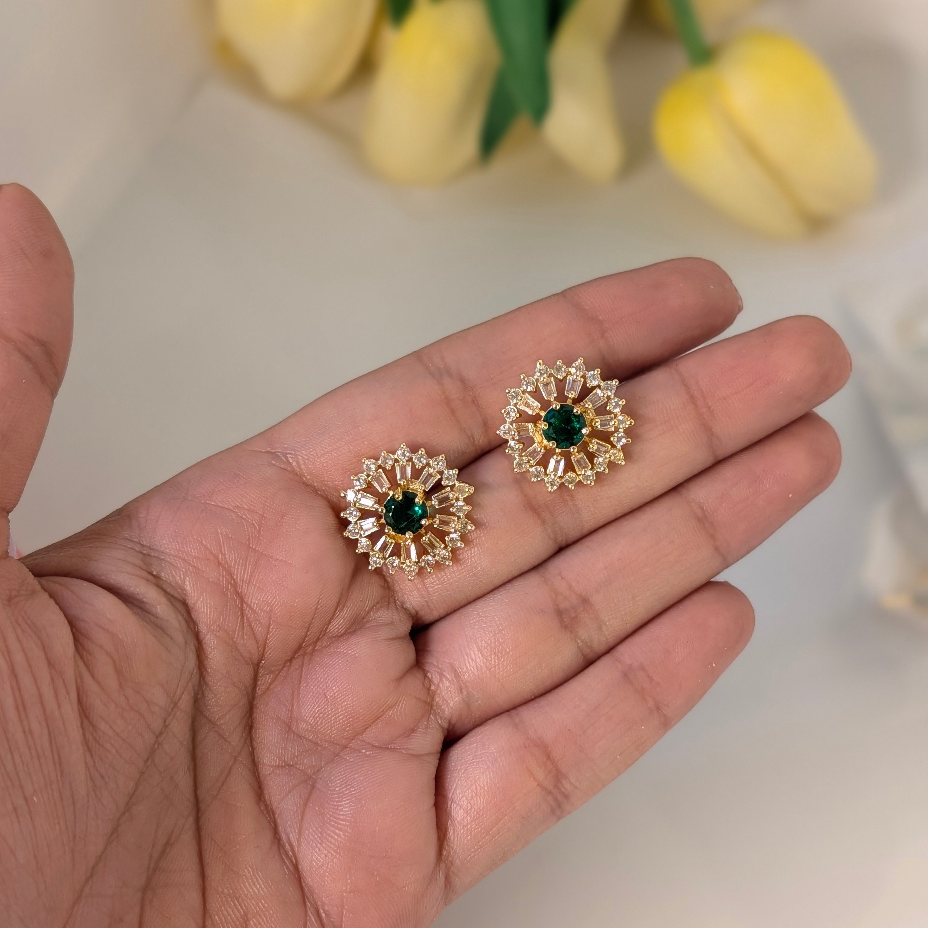 Gold Emerald Stud Earrings – Elegant Crystal Halo Design – Priya Jewellery