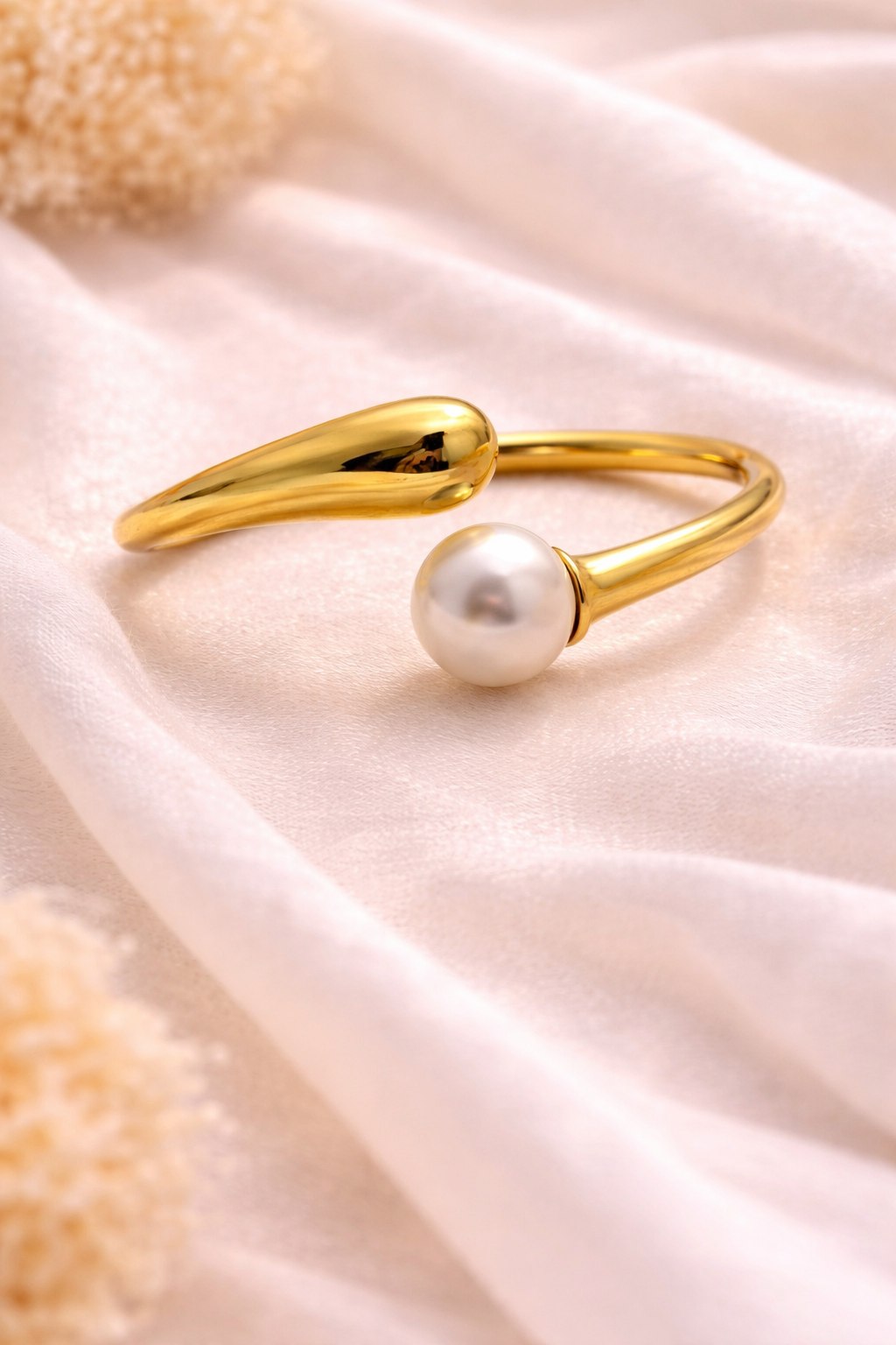 Minimal Gold Pearl Open Cuff Bracelet for Women | Anti-Tarnish Adjusta ...